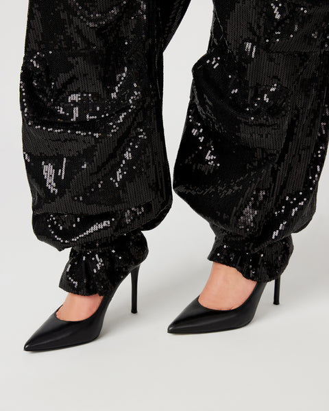 DUO Sequin Pant Black | Women's Utility Sequin Cargo Pants – Steve Madden