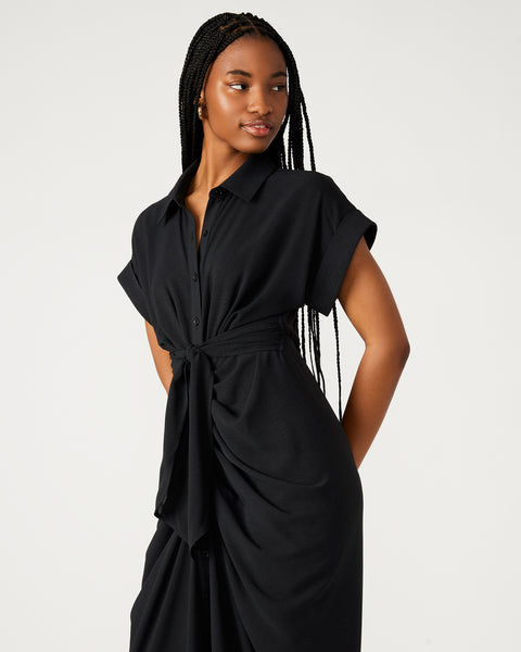 TORI Knit Dress Black | Women's Ruched Tie-Front Midi Dress – Steve Madden