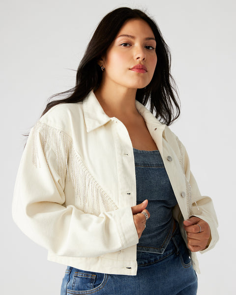 CANYON Denim Jacket Cream | Women's Rhinestone Fringe Jacket – Steve Madden