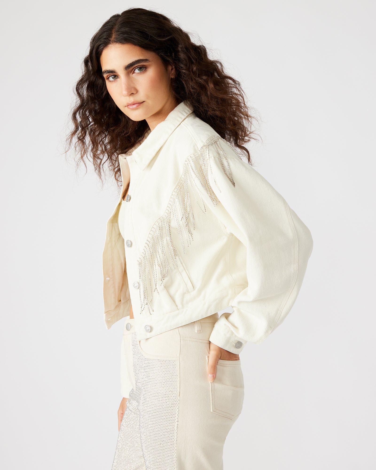 CANYON Denim Jacket Cream | Women's Rhinestone Fringe Jacket – Steve Madden