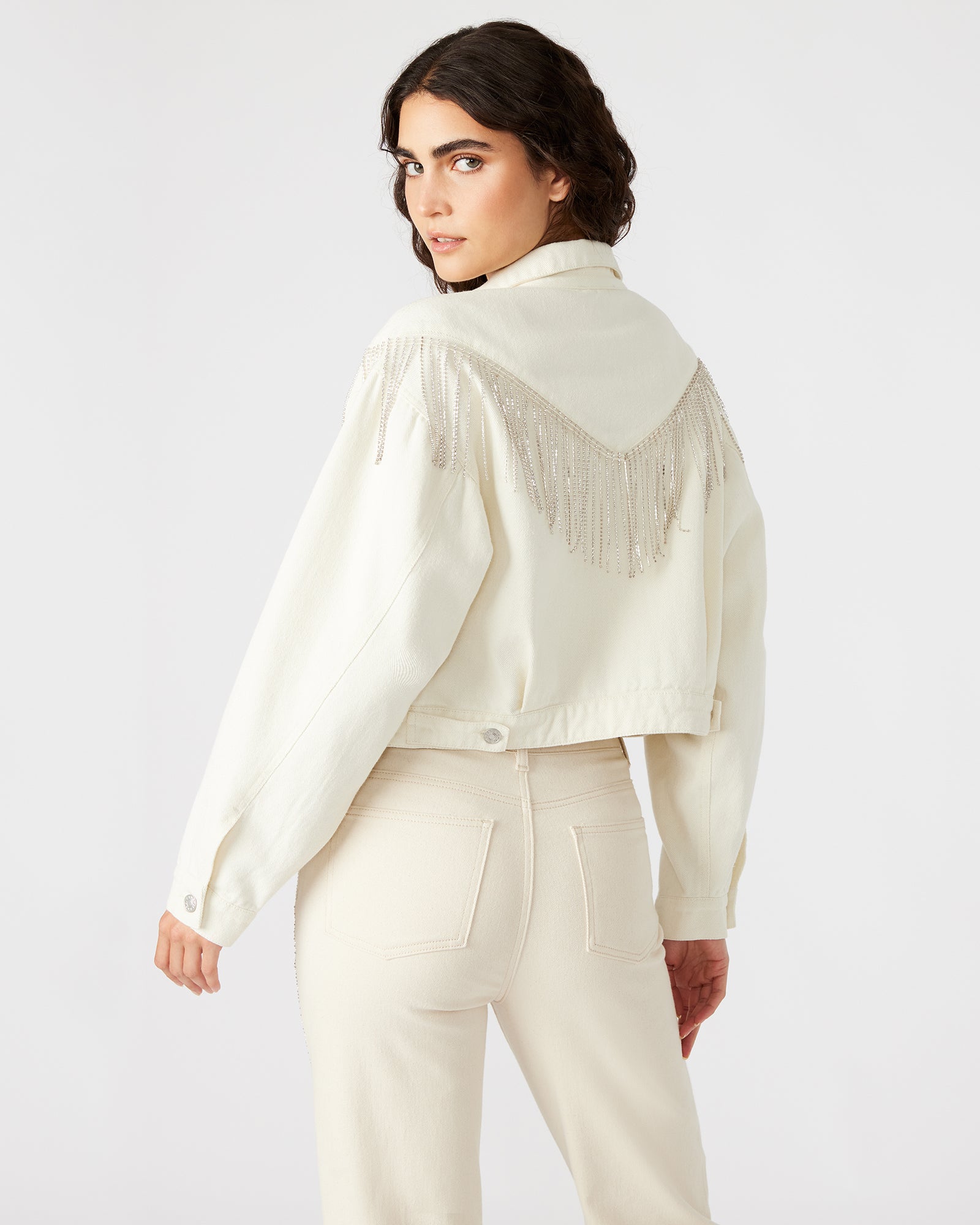 CANYON Denim Jacket Cream | Women's Rhinestone Fringe Jacket – Steve Madden