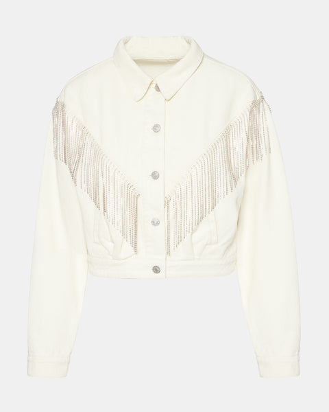 CANYON Denim Jacket Cream | Women's Rhinestone Fringe Jacket – Steve Madden