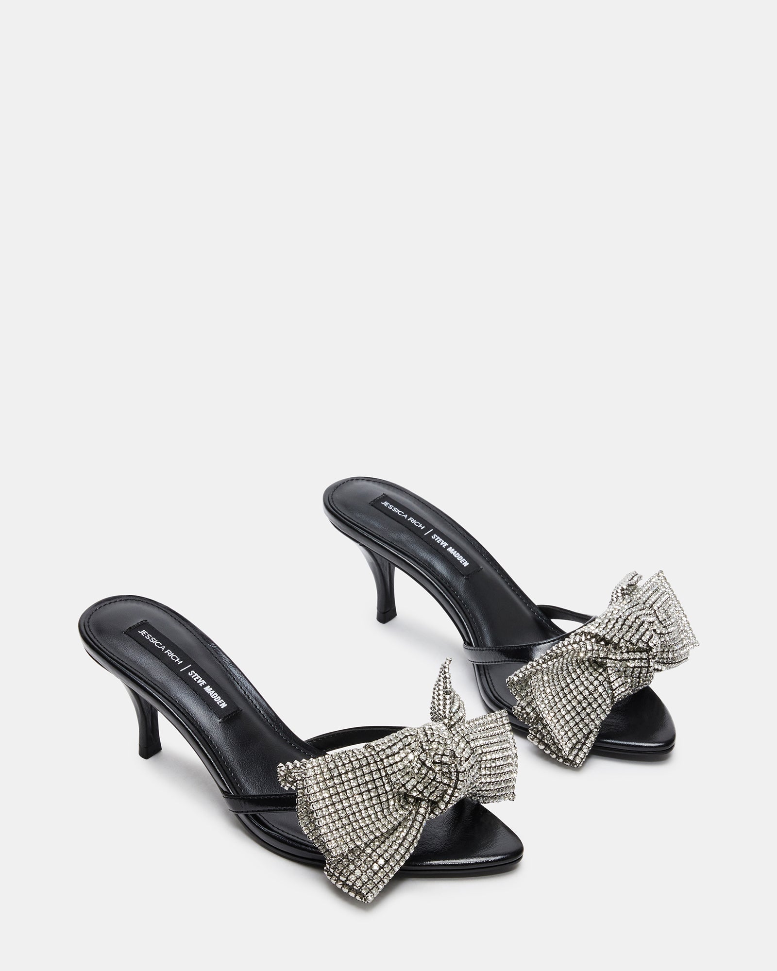 AURORA Black/Silver Rhinestone Bow Mule Heel | Jessica Rich x Steve Madden