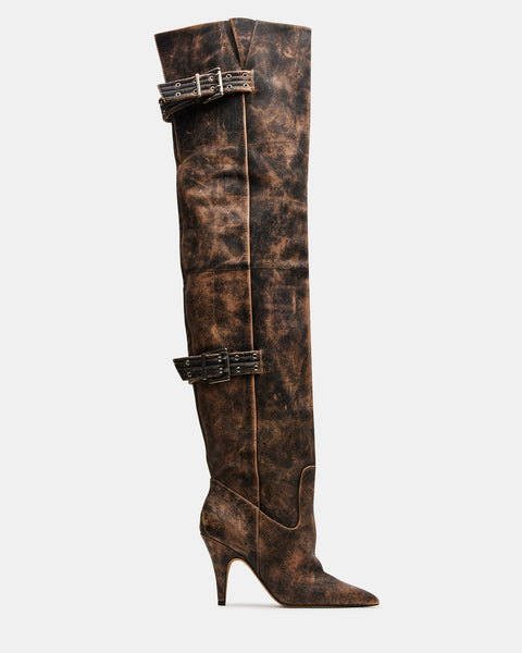 BADDIE Brown Distressed Over-The-Knee Moto Boot | Women's Boots – Steve ...