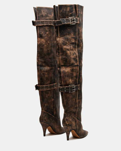 BADDIE Brown Distressed Over-The-Knee Moto Boot | Women's Boots – Steve ...