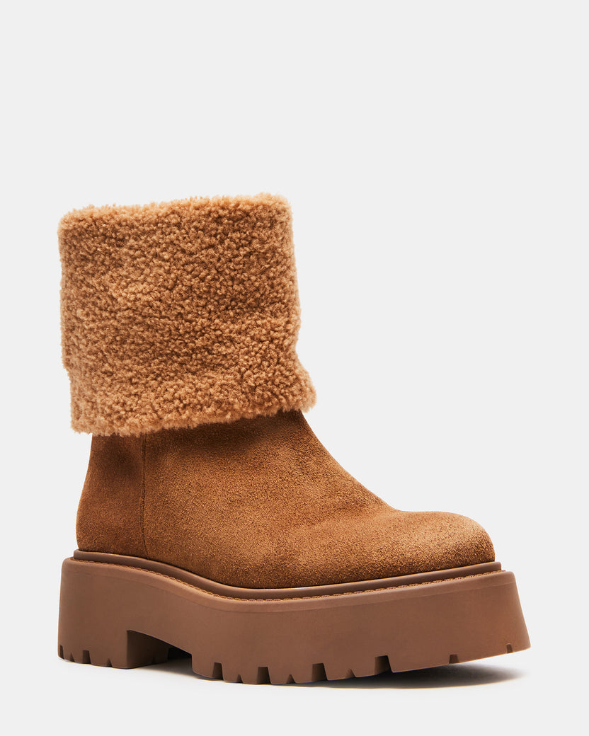 BLIZZARD Tan Suede Faux Shearling Cuffed Bootie | Women's Booties ...