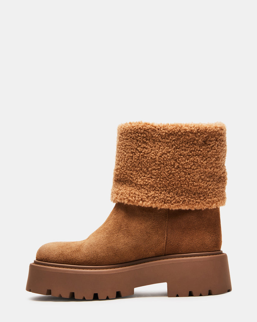BLIZZARD Tan Suede Faux Shearling Cuffed Bootie | Women's Booties ...
