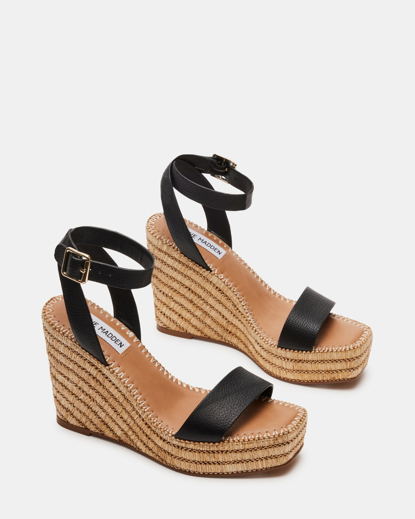 CASSIE Black Leather Wedge Sandal | Women's Sandals – Steve Madden