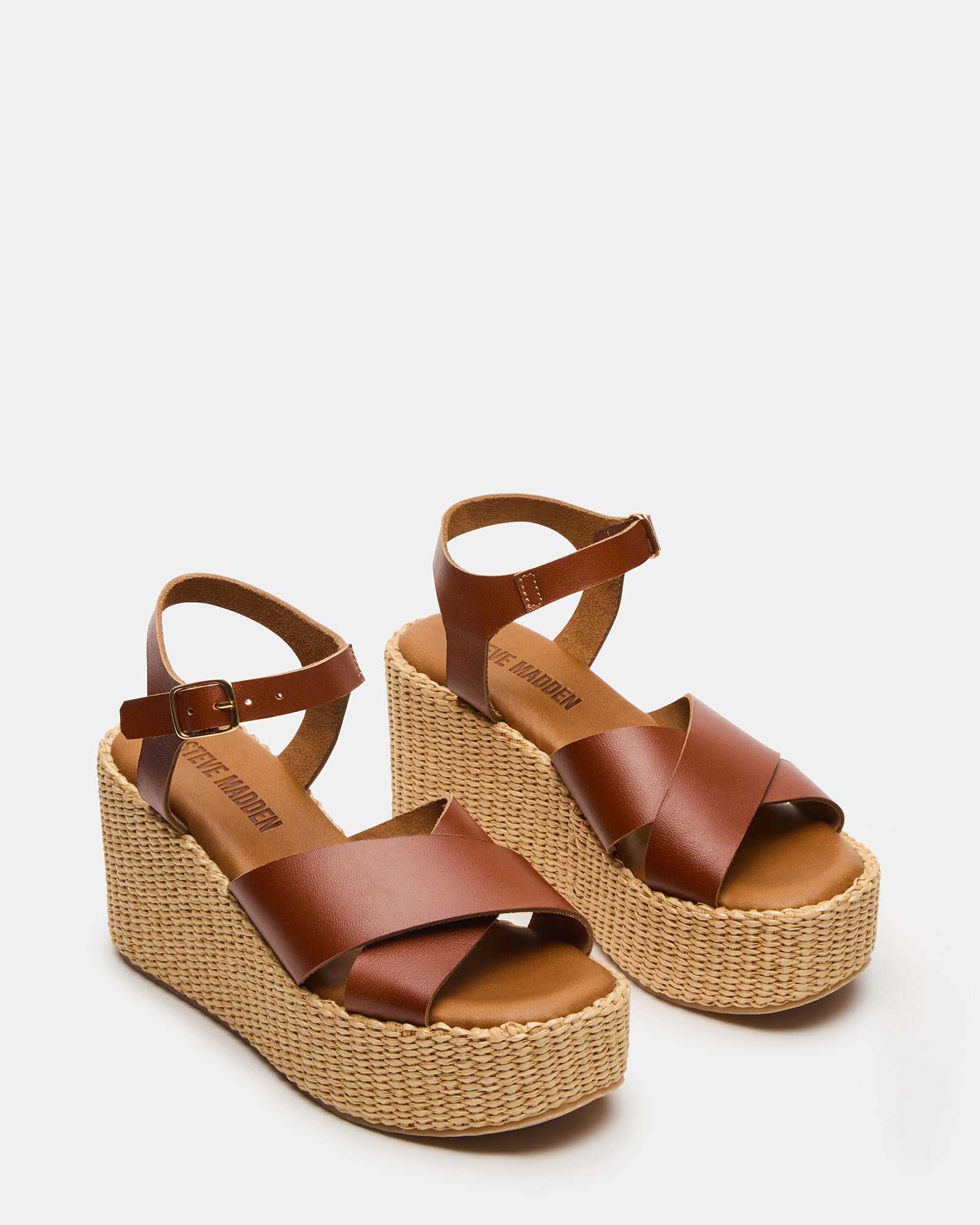 JETSET Cognac Leather Raffia Platform Wedge Women's Sandal – Steve Madden