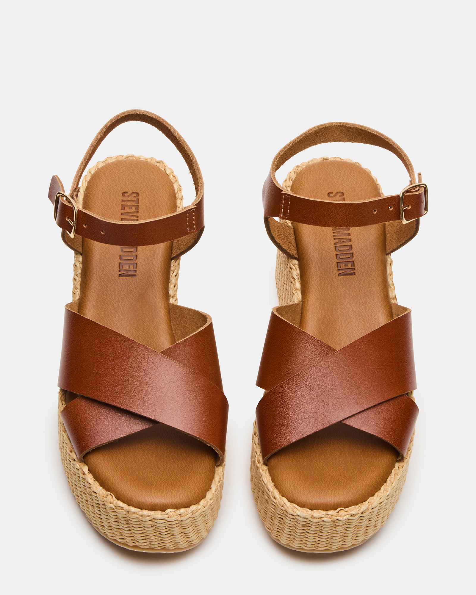 JETSET Cognac Leather Raffia Platform Wedge Women's Sandal – Steve Madden