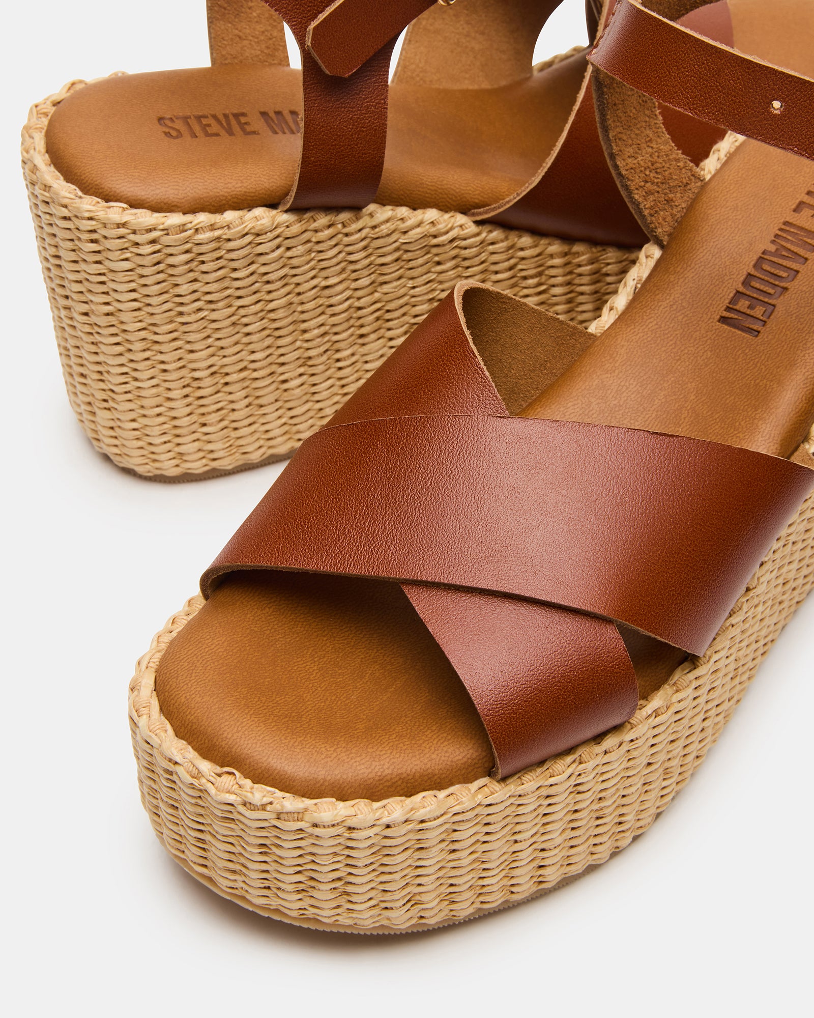 JETSET Cognac Leather Raffia Platform Wedge Women's Sandal – Steve Madden