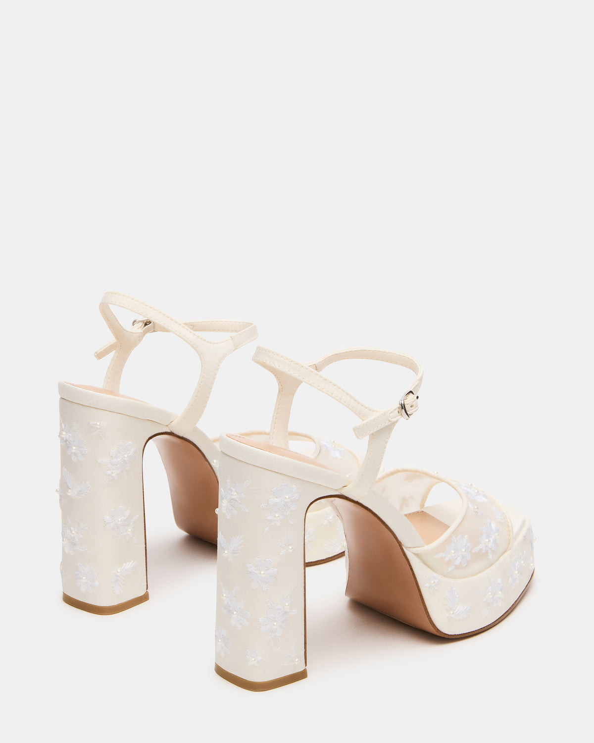 LIANDRA Embellished White Mesh Platform Square-Toe Strappy Women's Heel ...