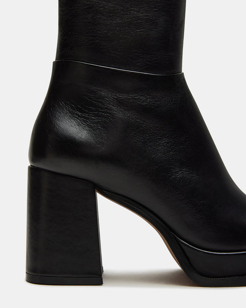 MYSTERY Black Leather Block Heel Platform Boot | Women's Boots – Steve ...