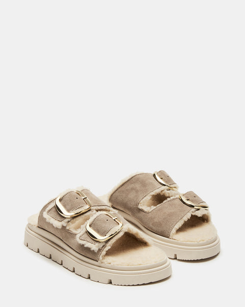 SNUGGLE Sand Suede Faux Fur Slide | Women's Flats – Steve Madden