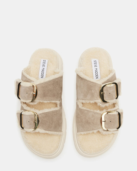 SNUGGLE Sand Suede Faux Fur Slide | Women's Flats – Steve Madden