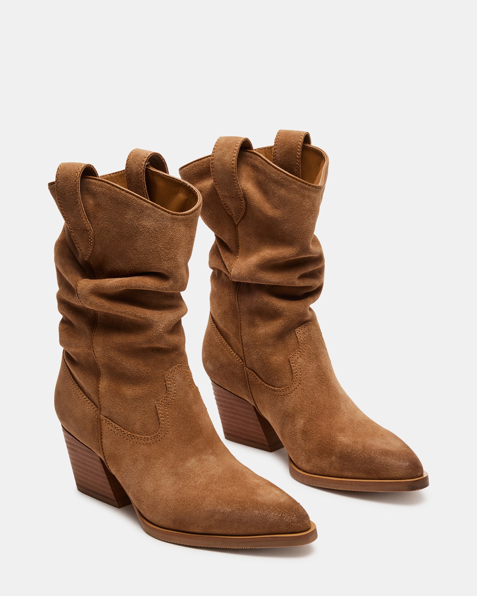 TRAIL Tan Suede Scrunched Cowboy Boot | Women's Booties – Steve Madden