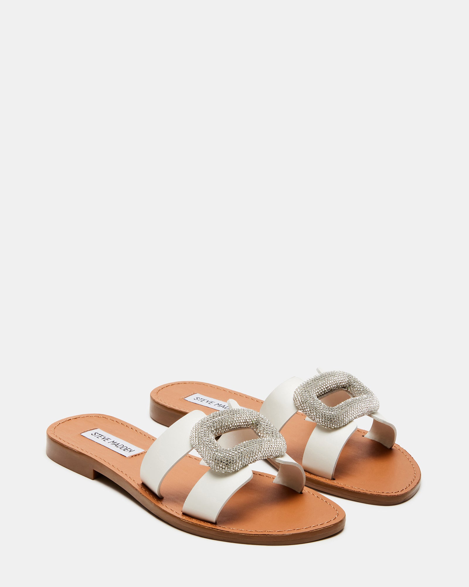 TIFF White Leather Rhinestone Slide | Women's Sandals – Steve Madden