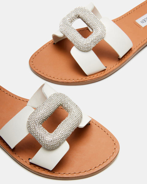 TIFF White Leather Rhinestone Slide | Women's Sandals – Steve Madden